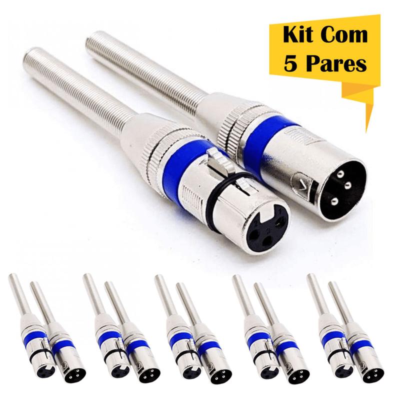 Kit 10 Conector Plug XLR Canon Macho x Fêmea 3 Pinos Reforçado ...