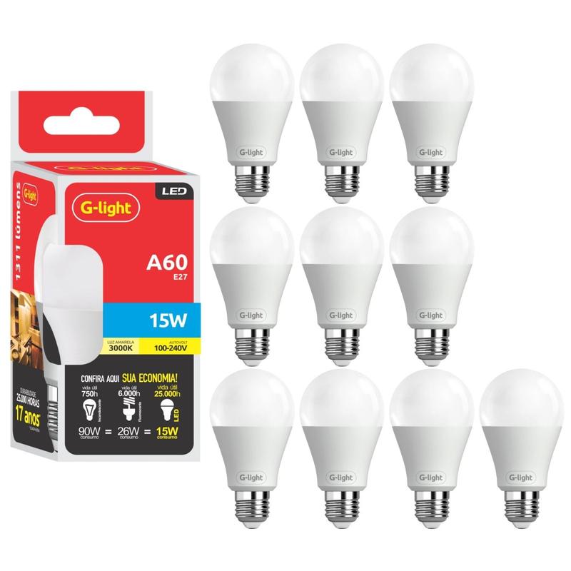 Kit 10 Lâmpada Led Bulbo A60 15W E27 3000K Luz Amarela Autovolt Alta Eficiência Econômica Casa ...