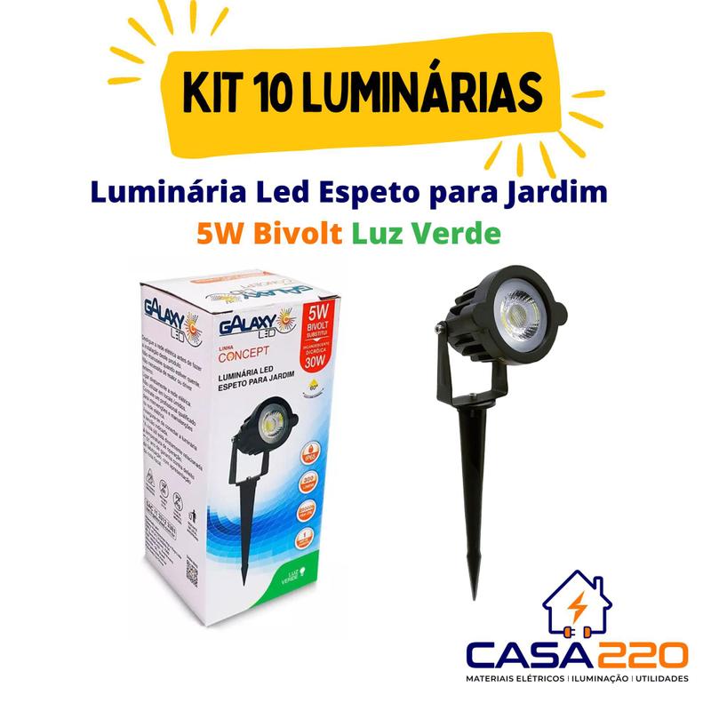 Kit 10 Luminárias Led Espeto para Jardim 5W Luz Verde Bivolt Galaxy LED ...