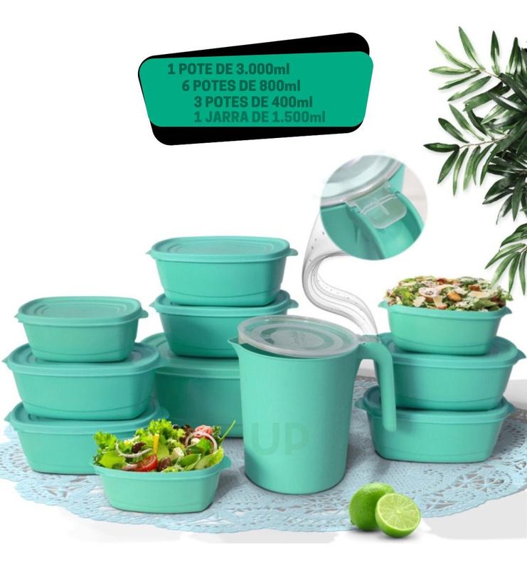Kit 10 potes para armazenar organizar marmita e 1 Jarra para bebida ...