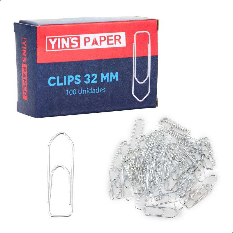 Kit 100 Clips Papel Metal 32mm Inox Escola Casa Escritorio Yins YP7554 ...