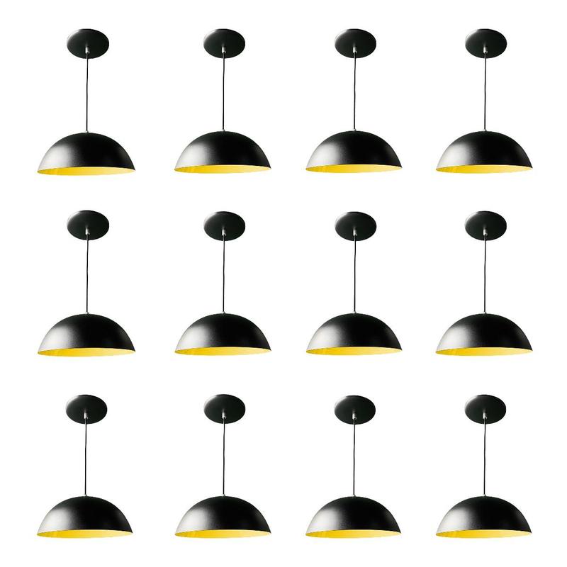 Kit 12 Luminária Pendente Meia Lua 34cm Com Interior Amarelo Com Fiação ...