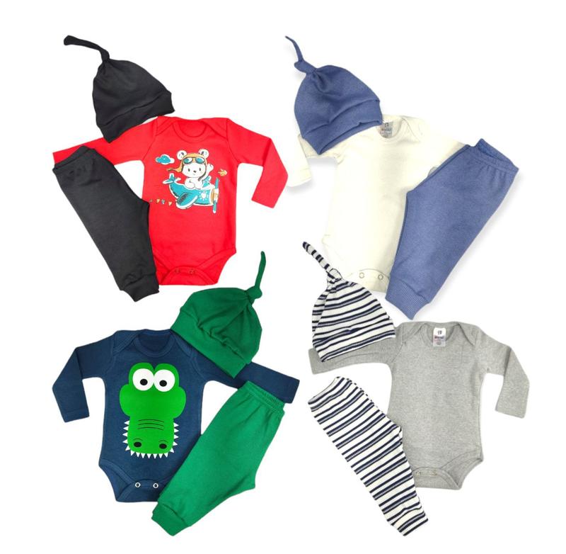 Kit 12 Peças - 4 Body Bebe - 4 Calça - 4 Toucas - Bykyko - Conjuntos de ...