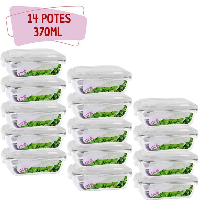 Kit 14 Pote Vidro Tampa Silicone Hermetica Retangular 370ml - PRATICASA ...