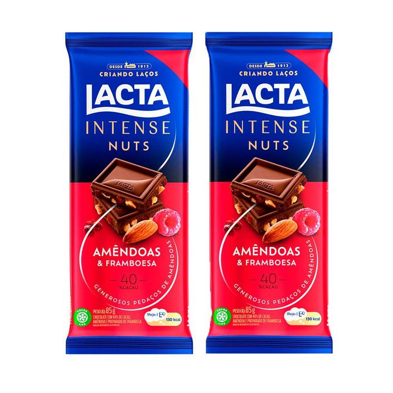 Kit 2 Chocolate Lacta Intense Nuts 40% Cacau Amêndoas e Framboesa 85g - Chocolate / Barra de ...