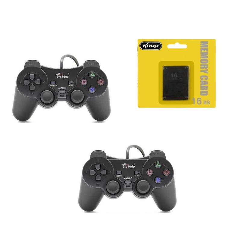 Kit 2 Controle Playstation 2 Com Fio Dualshock + Memory Card - Feir ...