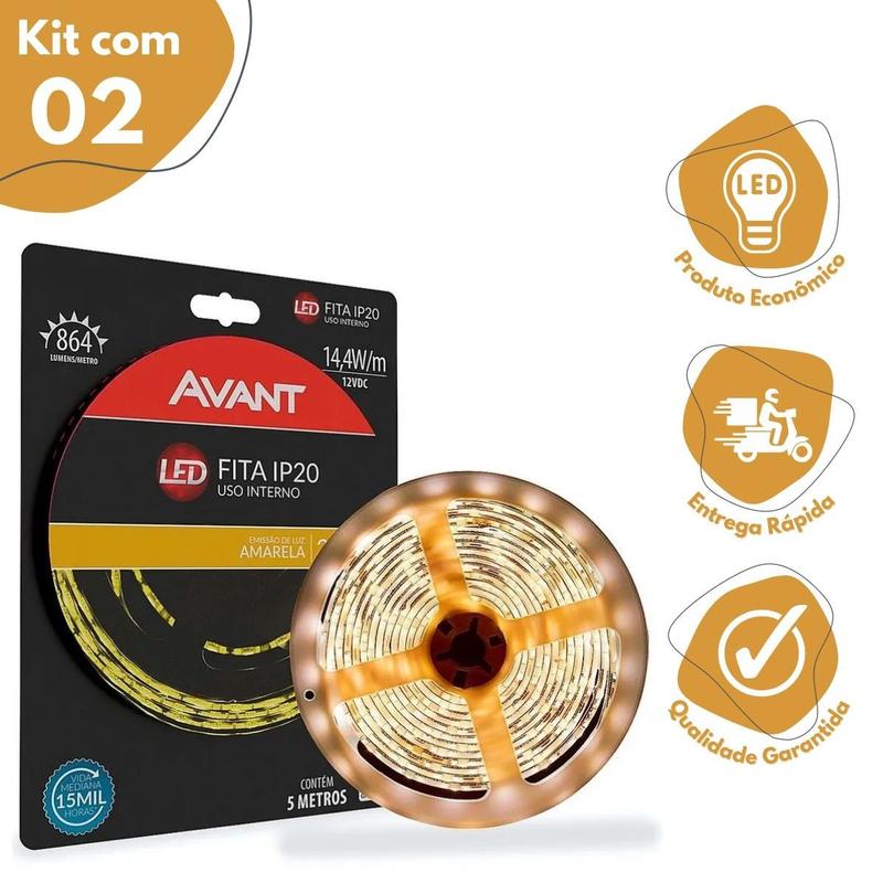 Kit 2 fita led 5m 14,4w 3000k 12v com fontes 3a avant - Fita de LED ...