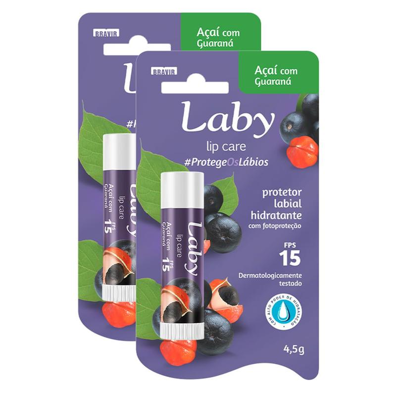 Kit 2 Protetor Solar Labial Laby FPS 15 Sabor Açaí com Guaraná com 4,5g ...