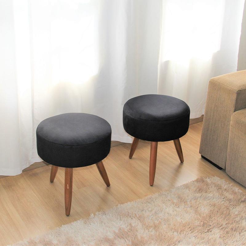 Kit 2 Puffs para sala Redondo Pés palito em madeira maciça Preto B3 ...