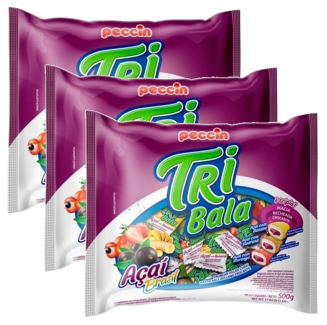 kit 3 Bala Recheada Peccin TriBala Sabor Açai Brasil Saco 500g - Balas ...