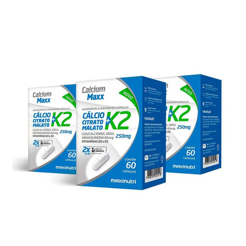 Kit 3 Calcium Maxx Cálcio Citrato Malato K2 60 Cápsulas - Maxinutri ...