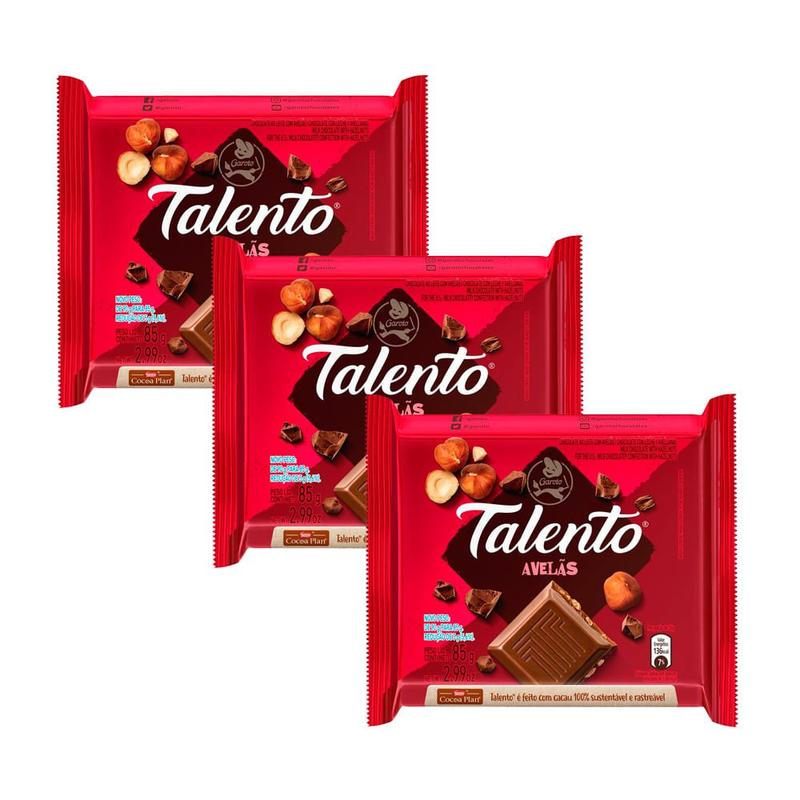 Kit 3 Chocolate Garoto Talento ao Leite com Avelãs 85g - Chocolate ...