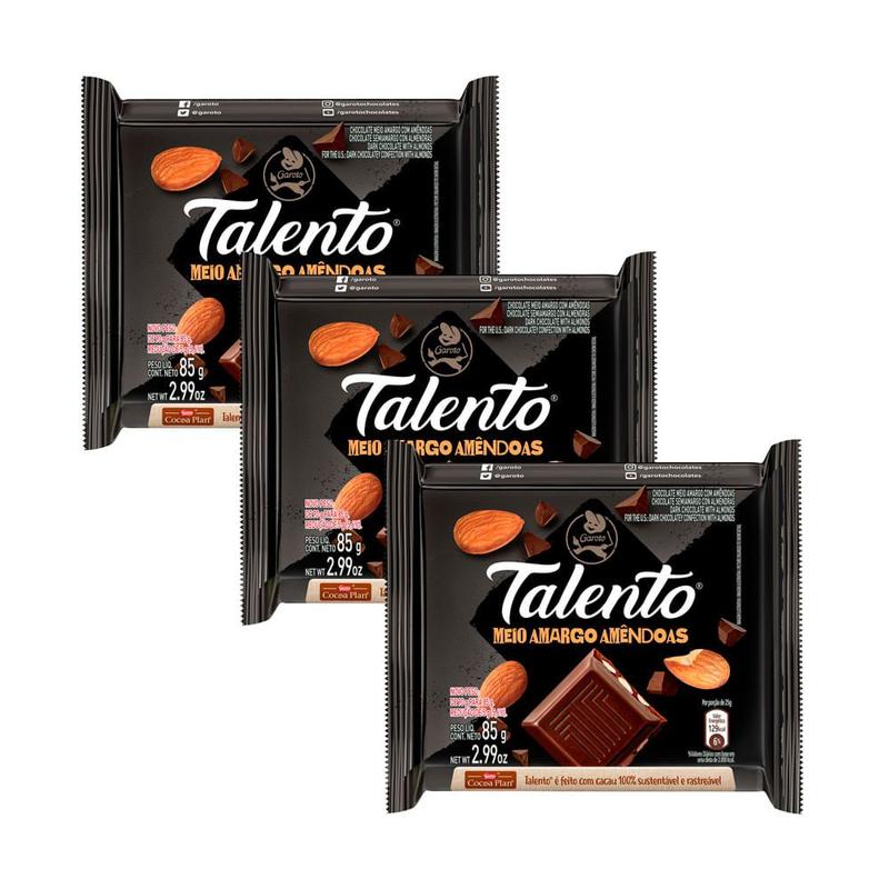 Kit 3 Chocolate Garoto Talento Meio Amargo com Amêndoas 85g - Chocolate ...