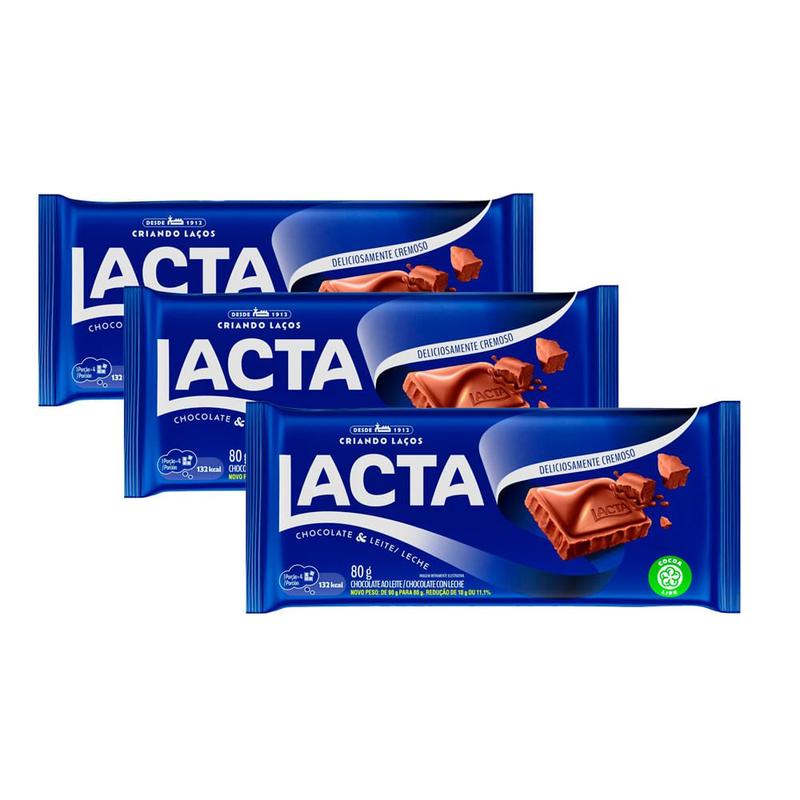 Kit 3 Chocolate Lacta Ao Leite 80g - Chocolate / Barra de Chocolate ...