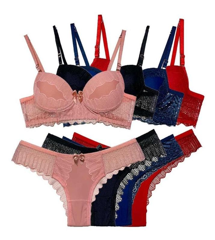 Kit 3 Conjuntos Microfibra com Renda Luxo Lingerie Feminina Calcinha e ...