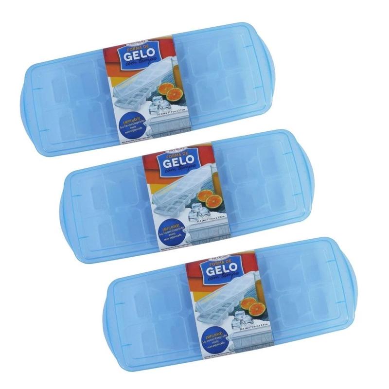 Kit 3 Formas de Gelo com Tampa em Plastico 14 Cubos Nitronplast - Forma ...