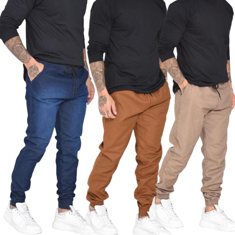 kit 3 jogger calça masculina top com elastano cordao sarja e jeans tudo ...