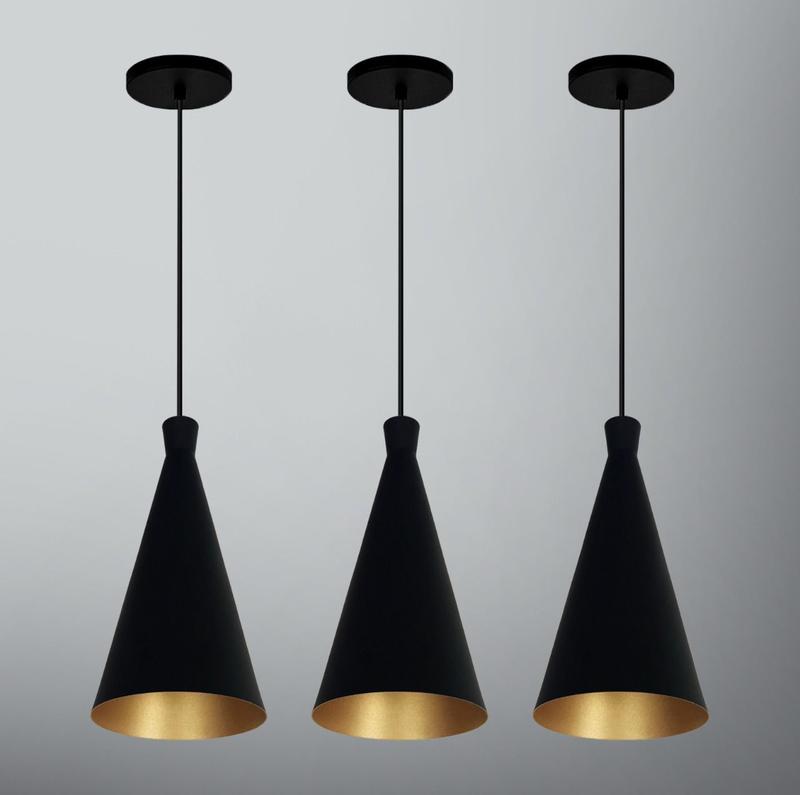 Kit 3 Lustre pendentes Funil Dixon Canadá Preto C/ Dourado - RRJV ...