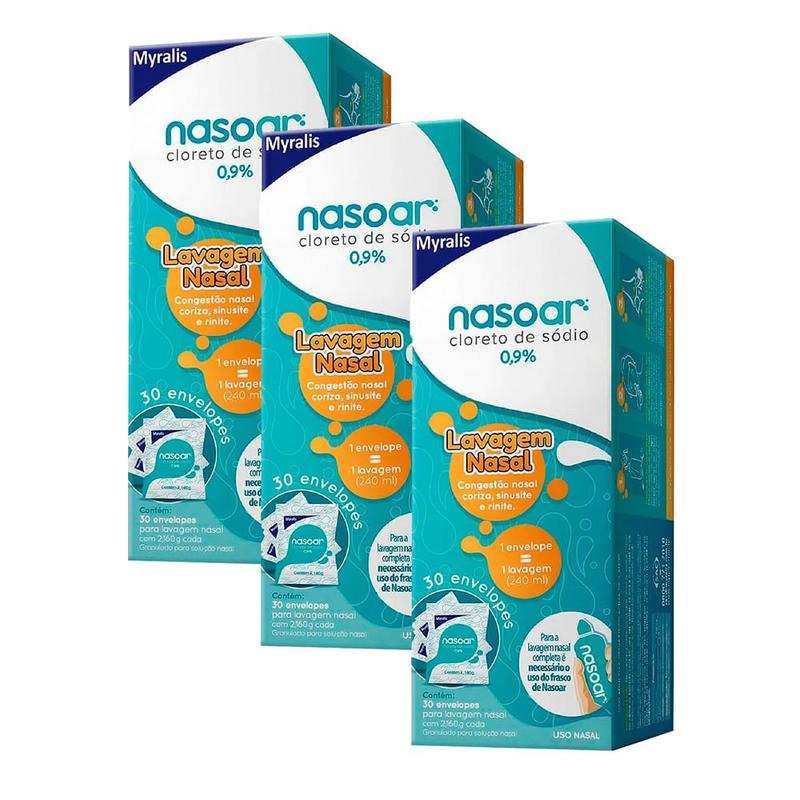 Kit 3 Nasoar 0,9% com 30 Envelopes Refil - Higiene e Conforto Nasal ...