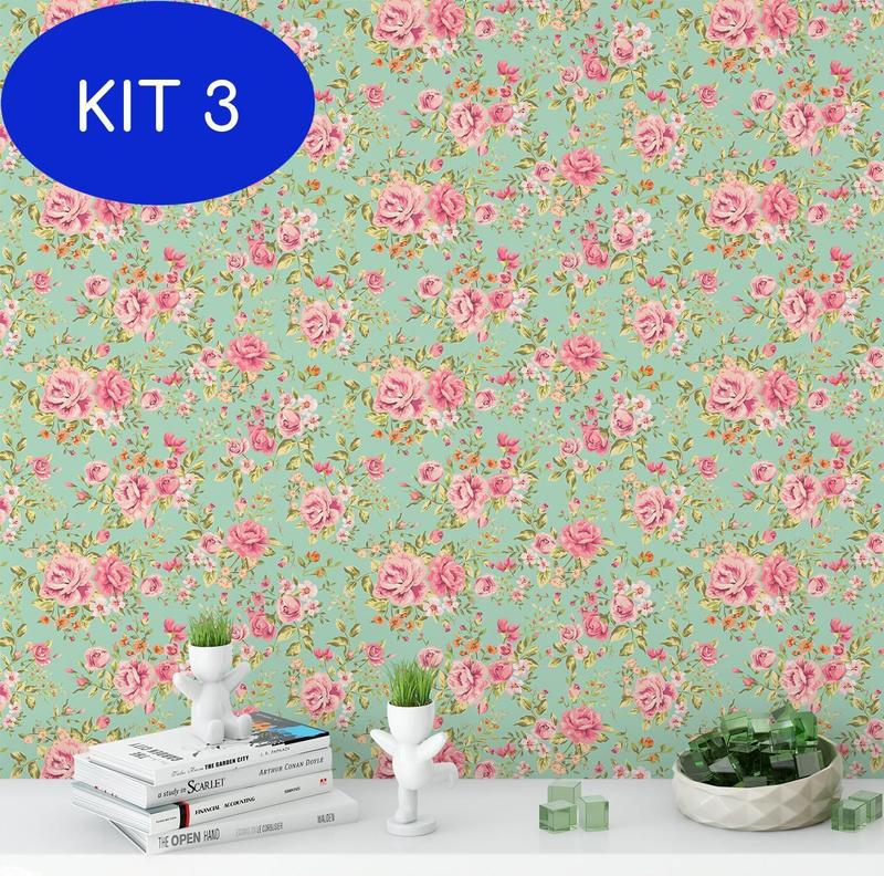 Kit 3 Papel De Parede Floral Rosa Com Fundo Verde 2,50M - Decore Papéis De Parede - Papel de ...