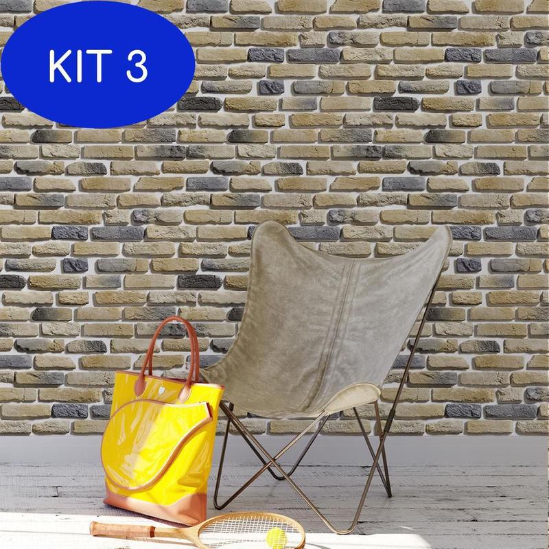 Kit 3 Papel De Parede Pedras Tijolinho Em Tons De Cinza - Decore ...