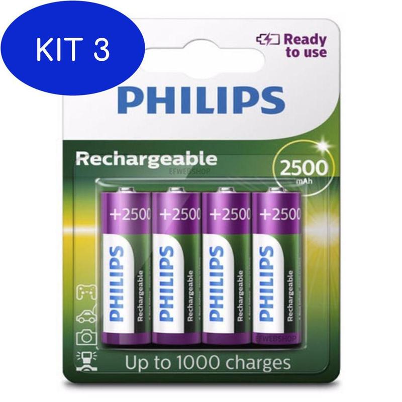 Kit 3 Pilha Recarregavel Philips Aa De 2500Mah 4 Unidades - Pilhas ...