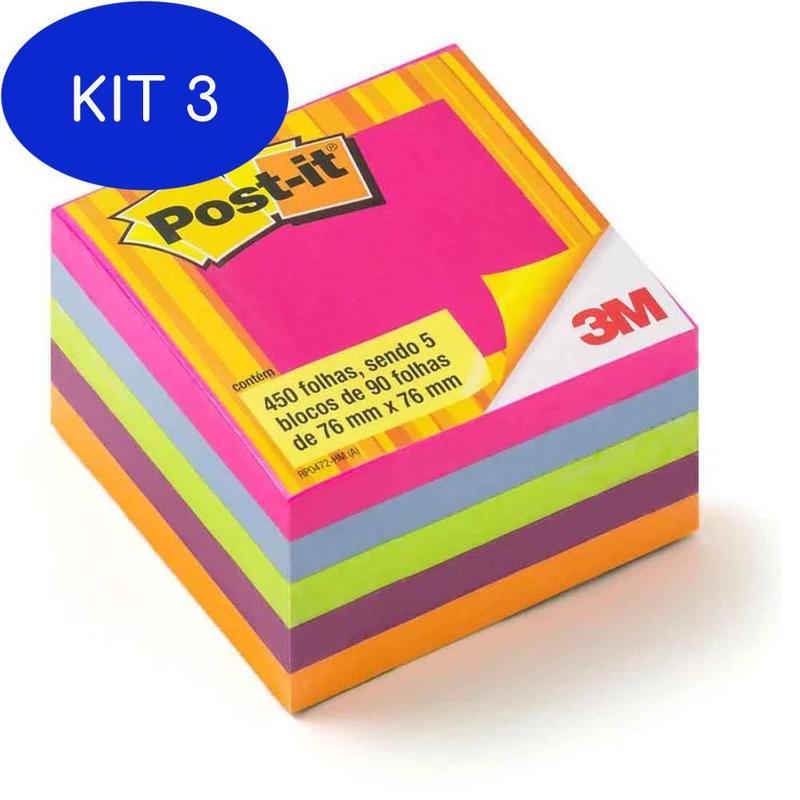 Kit 3 Post-it 450 Folhas / 5 Blocos de 90 Folhas 76 mm X 76 - Bloco ...