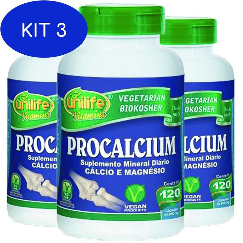 Kit 3 Procalcium (Cálcio e Magnésio) 3X120 Cápsulas Unilife - Cálcio ...