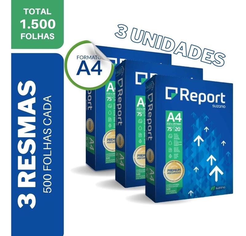Kit 3 Resma Papel A4 Sulfite Premium 75g 500 Folhas Report Cor Branco ...