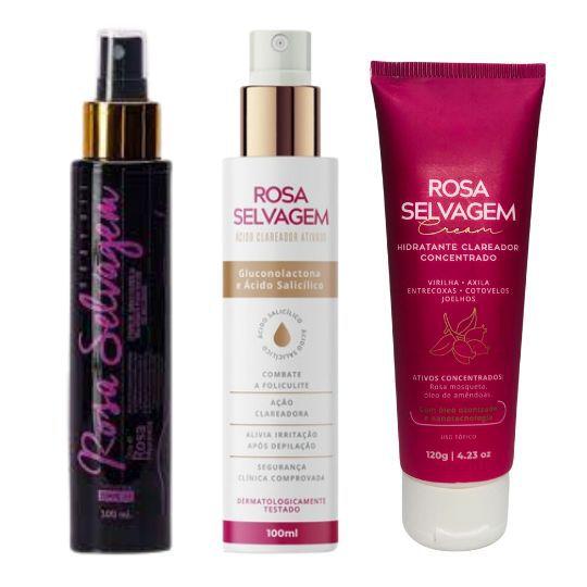 Kit 3 Rosa Selvagem Clareador Íntimo: Creme, Óleo e Ácido Ativado ...