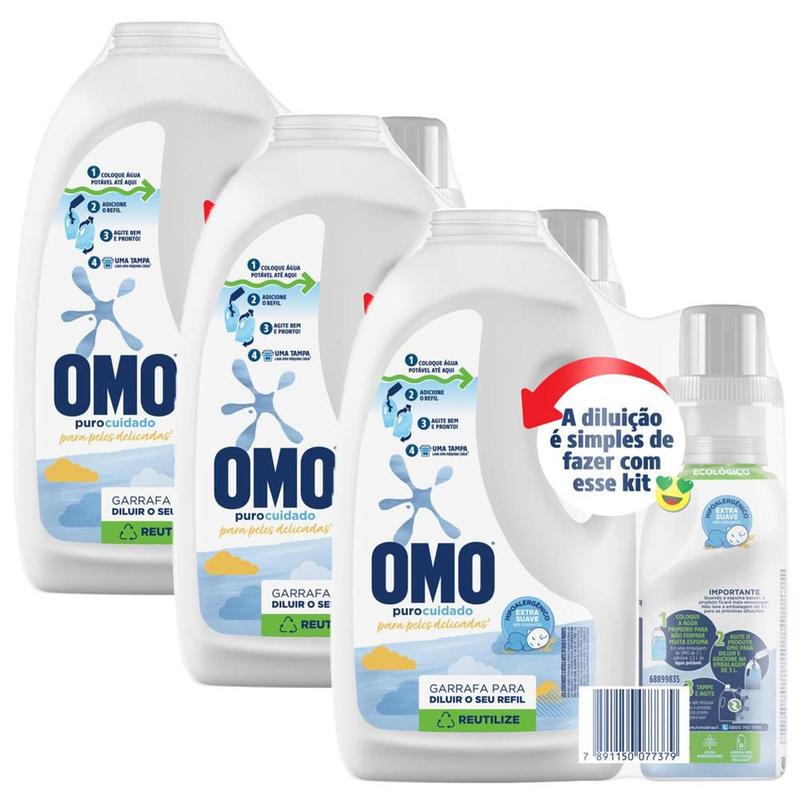 Kit 3 Sabão Líquido Omo Puro Cuidado Para Diluir 500ml cada + Garrafa ...