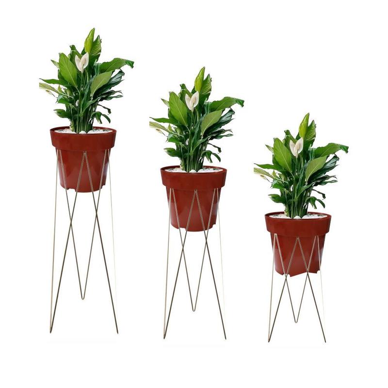 Kit 3 Suportes Tripé Chão PMG Dourado C/3 Vasos Planta Terra Cota ...
