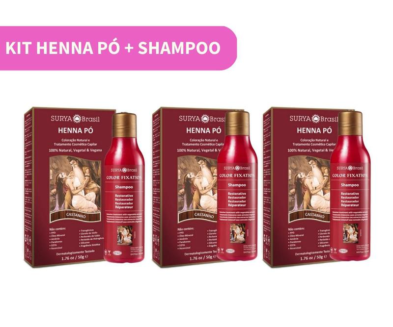 Kit 3 Tinta Natural Henna Pó Surya + 3 Shampoo - Escolha cor - Tinta de ...