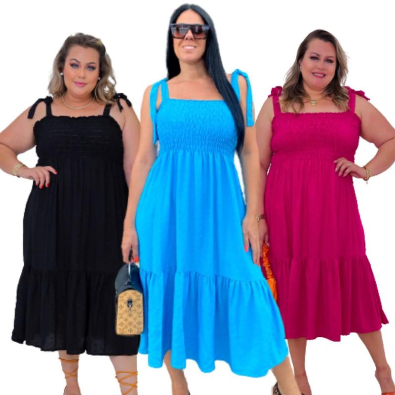 KIt 3 Vestido Midi Alça Larga Verão Plus Size Verão Moda Gravida ...