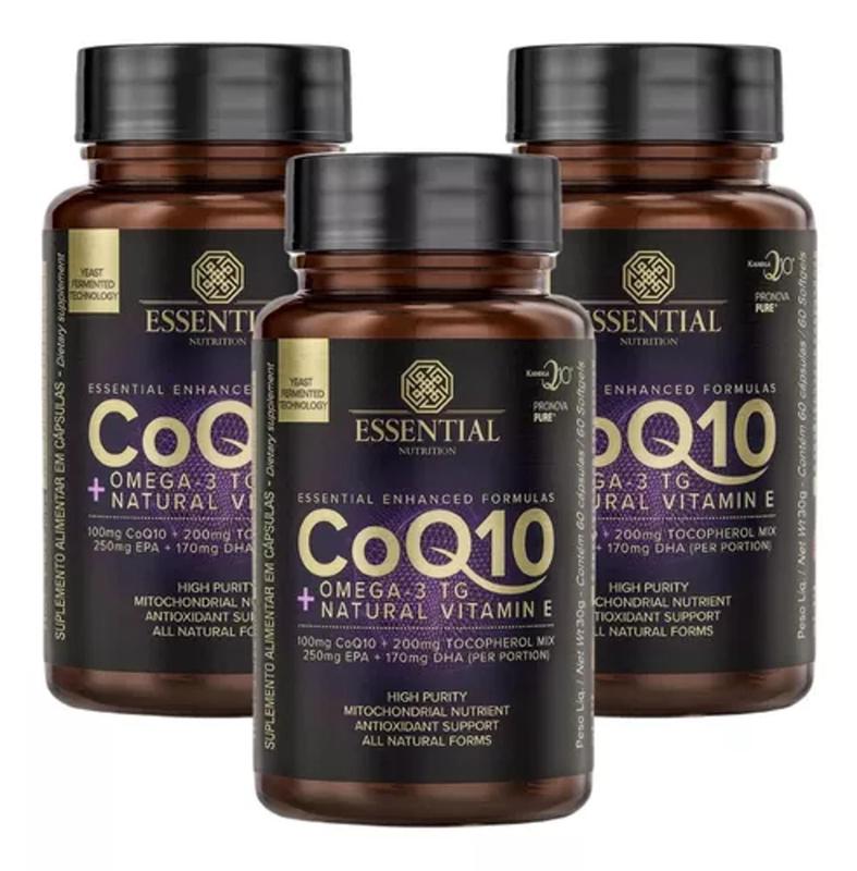Kit 3x Coq10 + Ômega 3 Tg + Vitamin E 60 Cápsulas Essential - Essential Nutrition - Coenzima Q10 ...