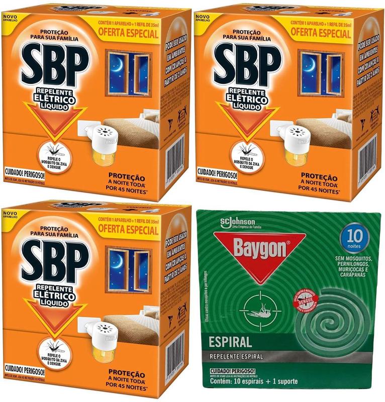 Kit 3x Repelente Aparelho Elétrico SBP + 1 Espiral Baygon C/10 ...