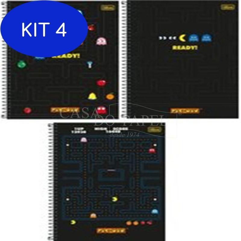 Kit 4 Caderno Univ Cd 01x1 96 Folhas Tilibra Pac Man Classico - Caderno ...