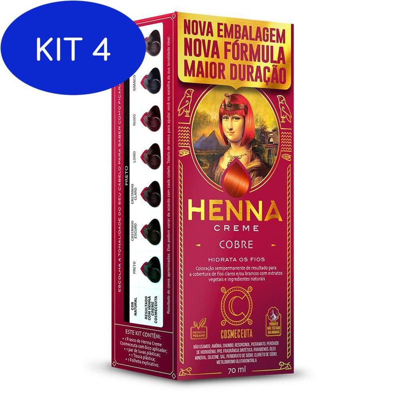 Kit 4 Henna Creme 70Ml Ruivo Cobre Cosmeceuta - Henna para Cabelo ...