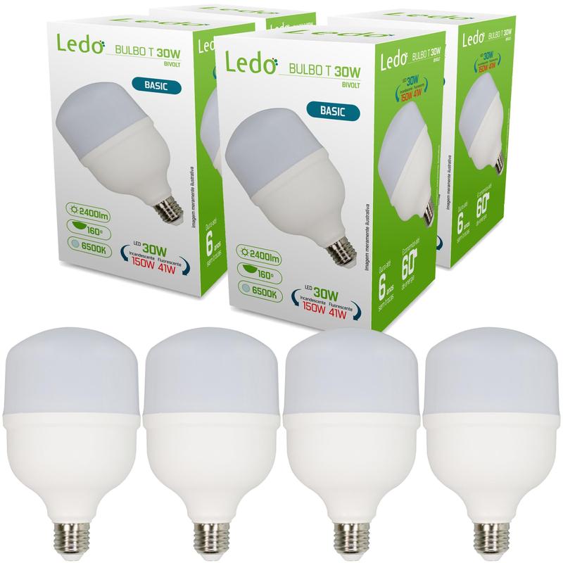 Kit 4 Lâmpada Bulbo T Led 30W E27 Alta Potência Branco Frio 6500K ...