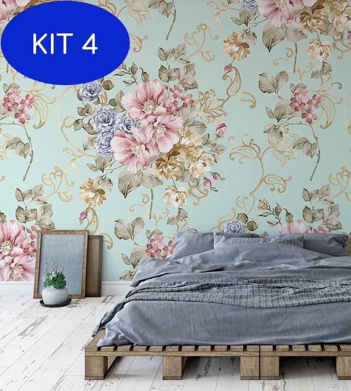 Kit 4 Papel De Parede Adesivo Flores Rosa Roxa Fundo Verde - Papel E ...