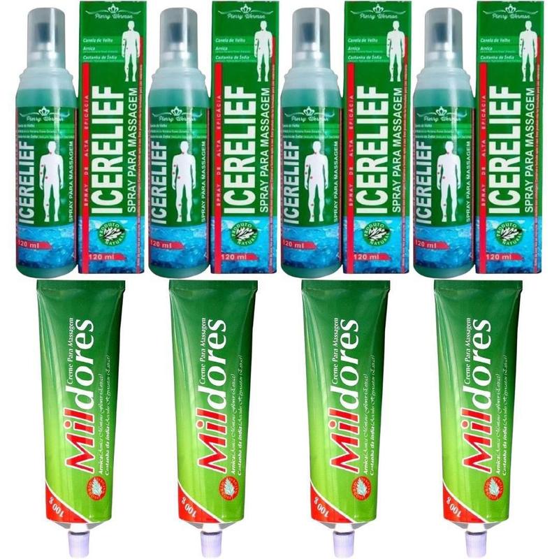 Kit 4 Spray Para Massagem Icerelief + 4 Pomada Mil Dores - Pierry ...