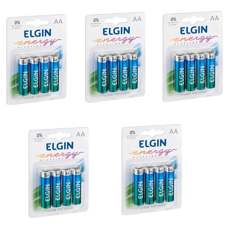 Kit 5 Blister Pilha Alcalina Blister C/4 un Cada AA 20 Pilhas Elgin ...