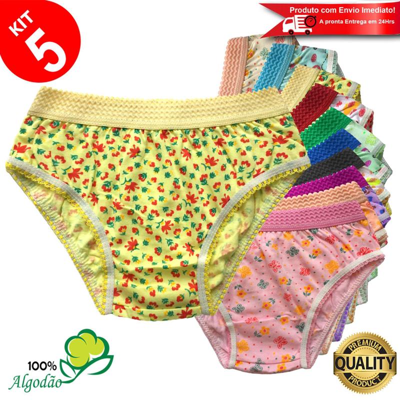 Kit 5 Calcinhas Infantil Algodão Estampada Cós Elástico Menina ...