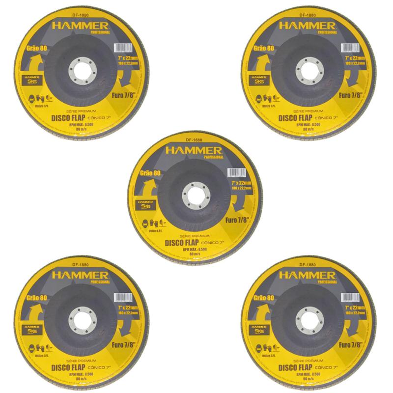Kit 5 Discos Flap de 7 Pol de 180 x 22,2 mm Grão 80 Hammer - Abrasivos ...