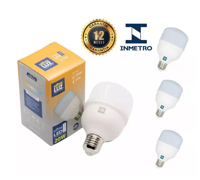 Kit 5 Lâmpadas Bulbo 20w Led 6500k E27 Super Econômica Branco Frio Ultra Luz ( 12 meses de ...