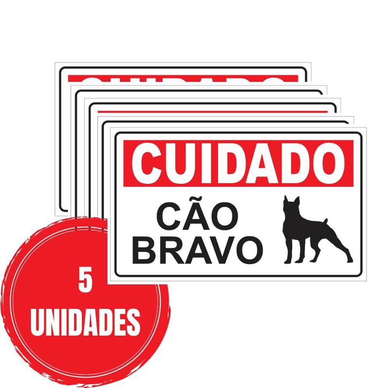 Kit 5 Placa de Sinalização Cuidado Cão Bravo 15x25cm - Personalize ...