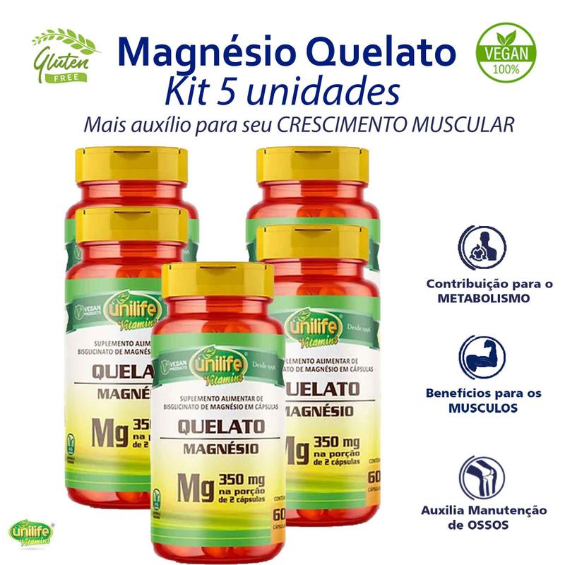 Kit 5x Magnésio Quelato 700mg Unilife Vegano 300 Cápsulas - Cloreto de Magnésio / Magnésio ...