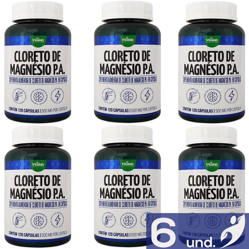Kit 6 Cloreto de Magnésio PA Vitalab 500Mg 120 Cápsulas - Cloreto de Magnésio / Magnésio ...