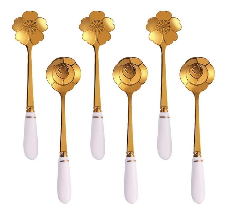 Kit 6 Colheres De Flores Dourado Gold Aço Inox Para Chá E Café ...