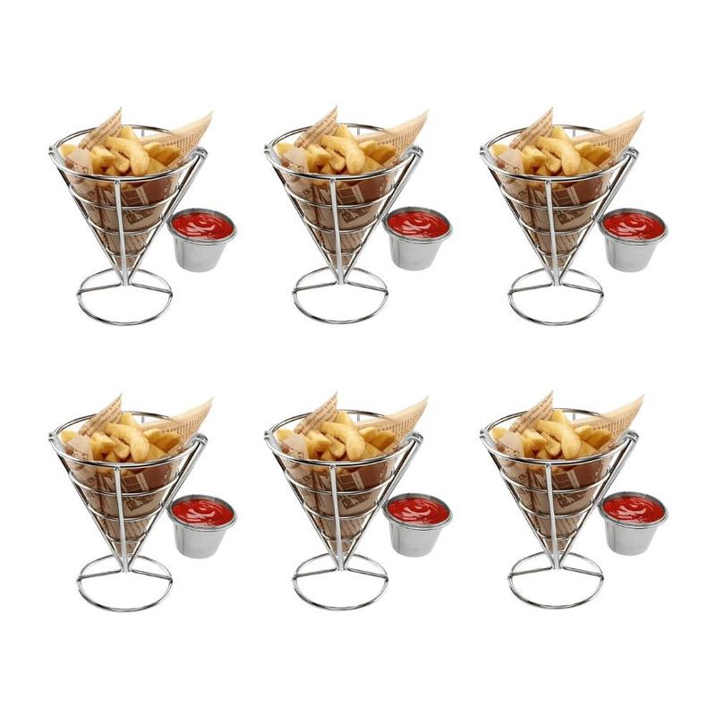 Kit 6 Cone Servir Batata Frita Petisco Suporte Cesta Com Molheria Aço ...